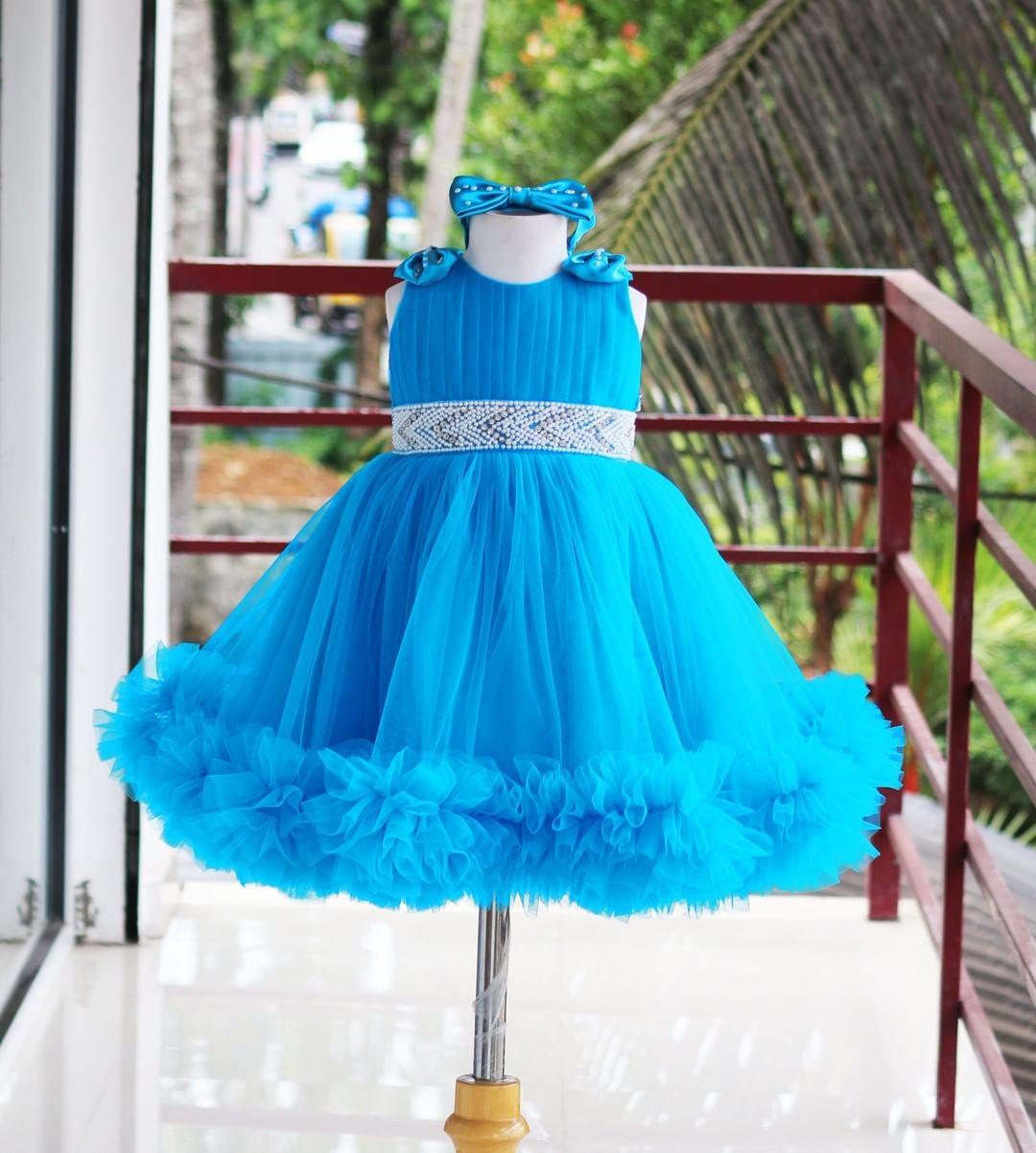Skyblue Ruffled Pleated Bow Frock-Sample – Stanwells Kids