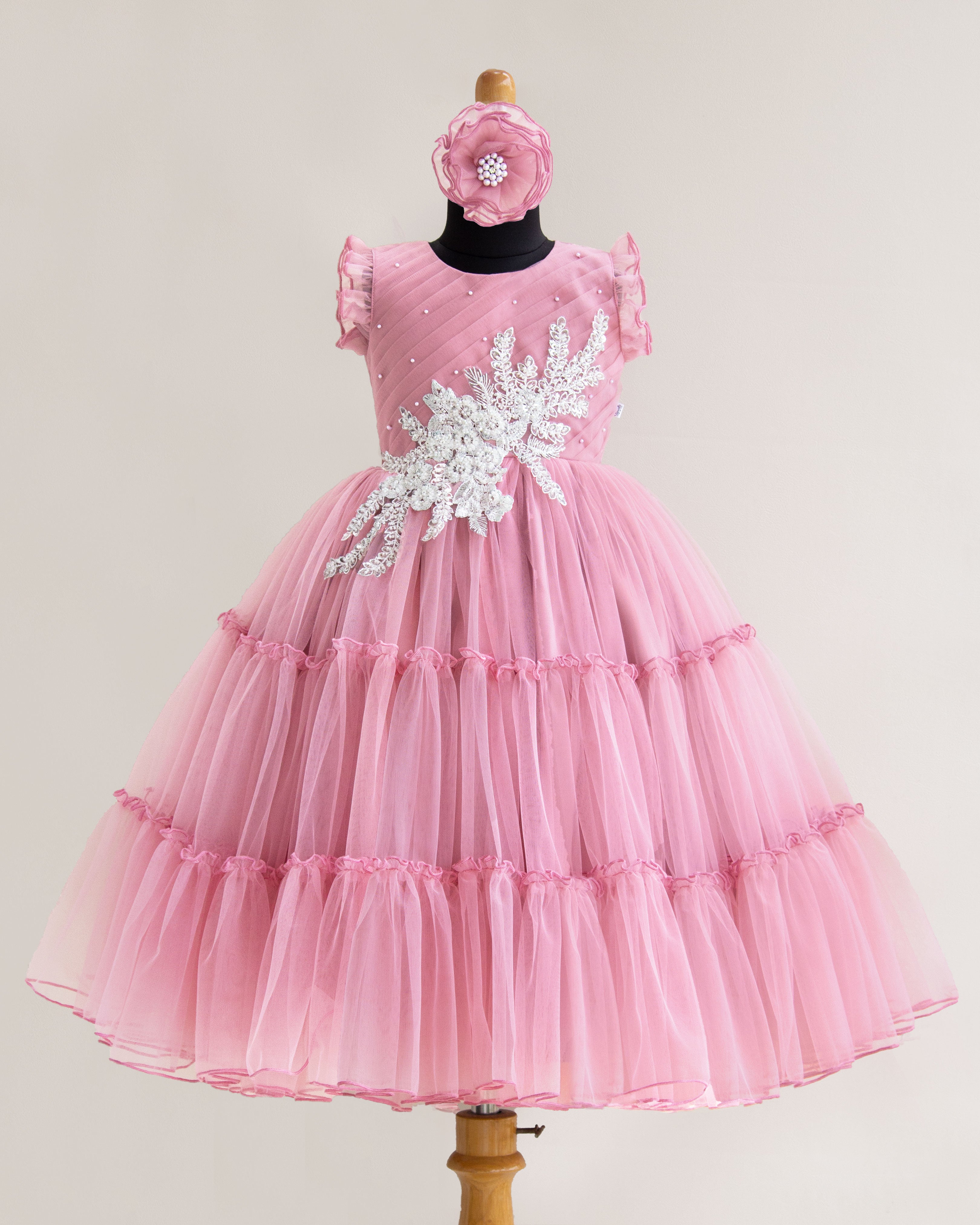 Dust Pink Shade Applique Handwork Party Perfect Birthday Step Gown ...