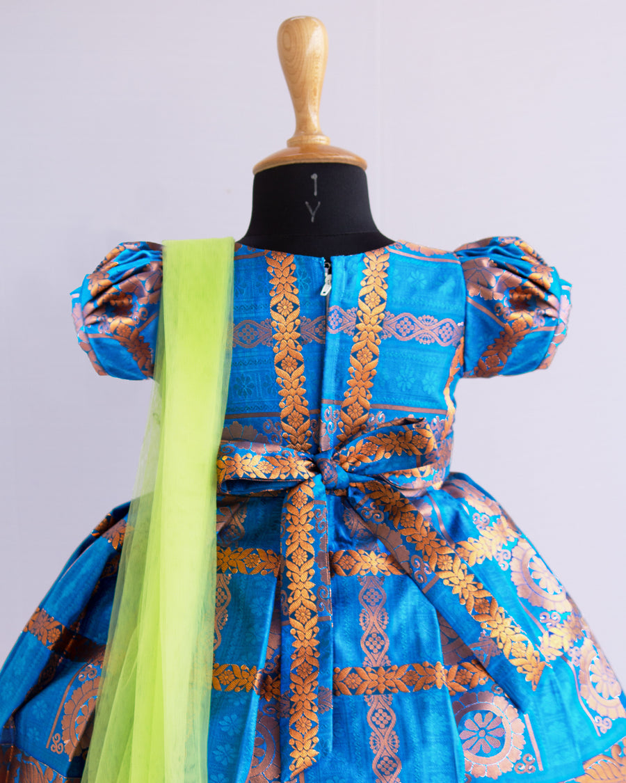 Sapphire Blue & Lime green Wooven Jari Handwork Traditional Saree Frock ...