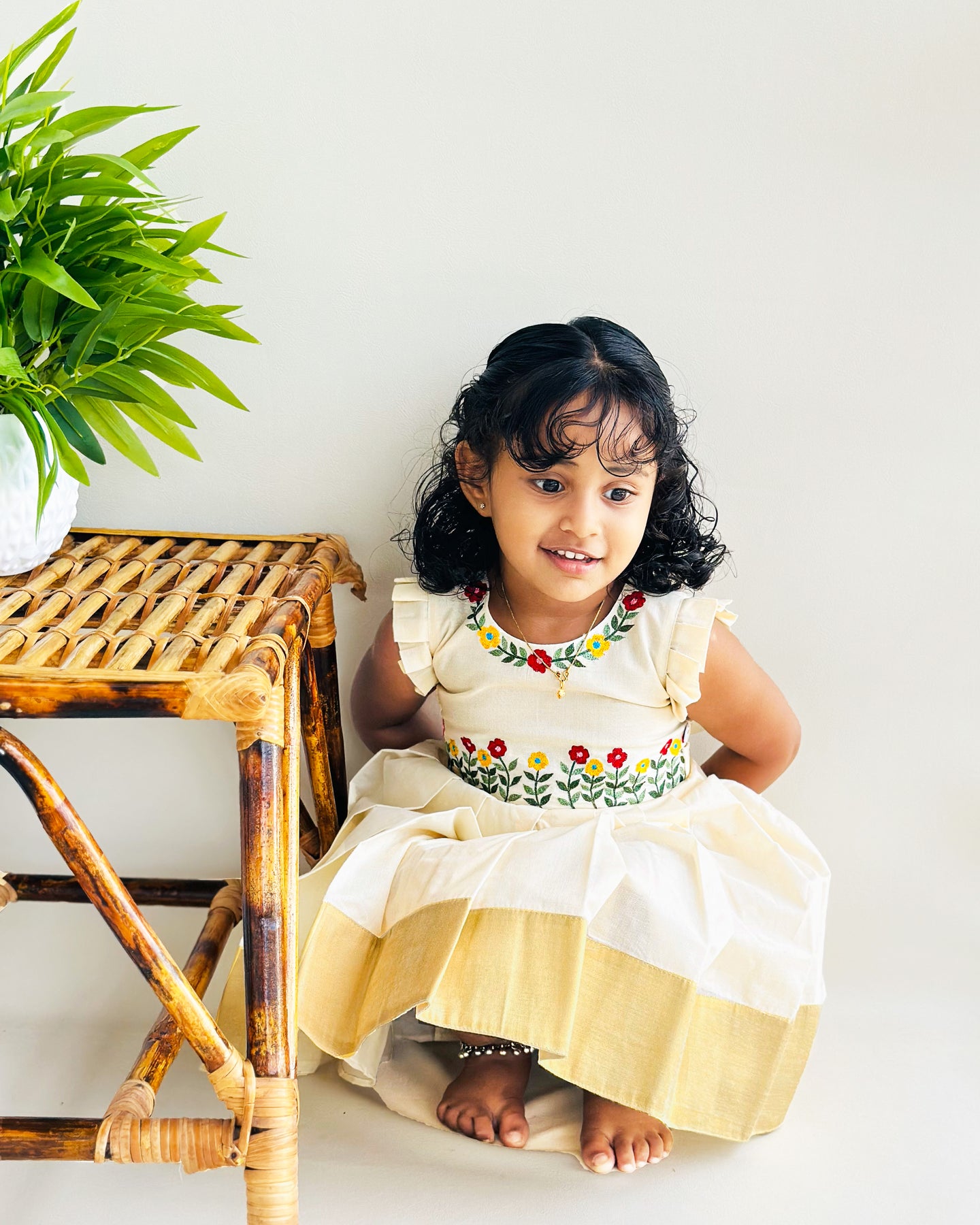 Onam Special Kerala Kasavu Soft Hand Embroidery Frock – Stanwells Kids