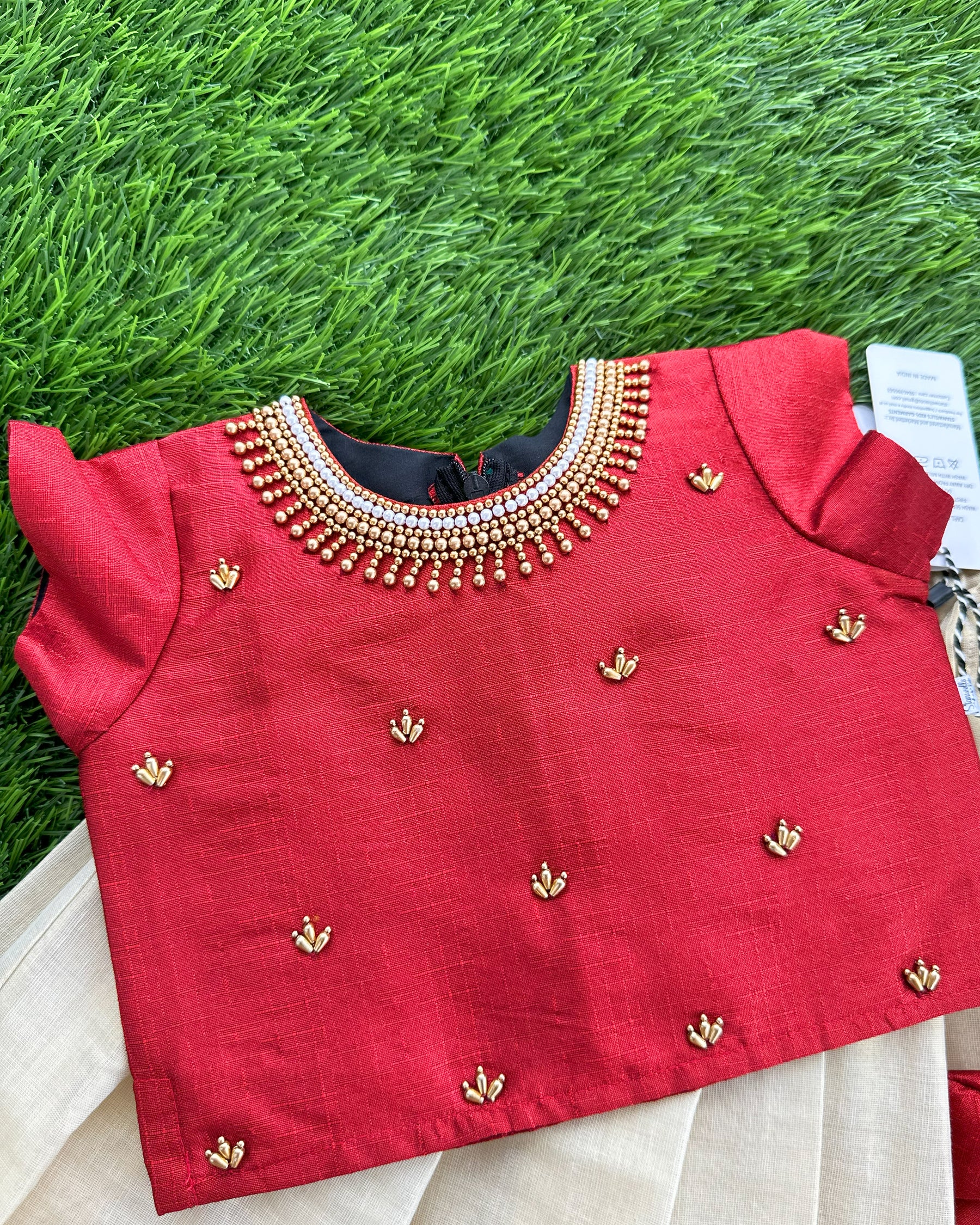 Sandal & Meroon Combo Kerala Kasavu Handwork Traditional Silk Lehenga ...